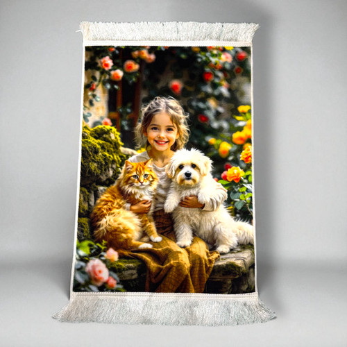 Decorative Carpet – Girl with Dog & Cat – Machine-Made Wall Hanging Rug