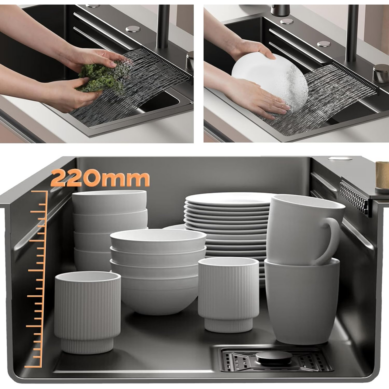 Stainless Steel Kitchen Sink Set with Waterfall Design and Pull-Out Faucet