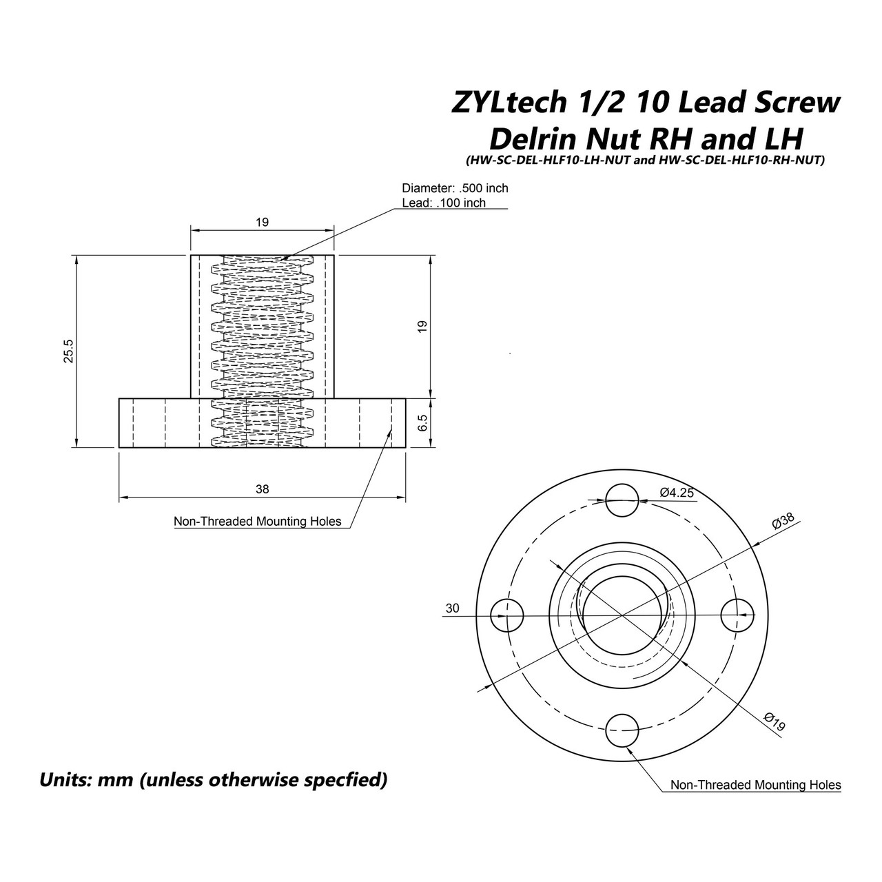 Delrin Nut Only for 1/2-10 ACME Right Hand Threaded Rod Lead Screw ...