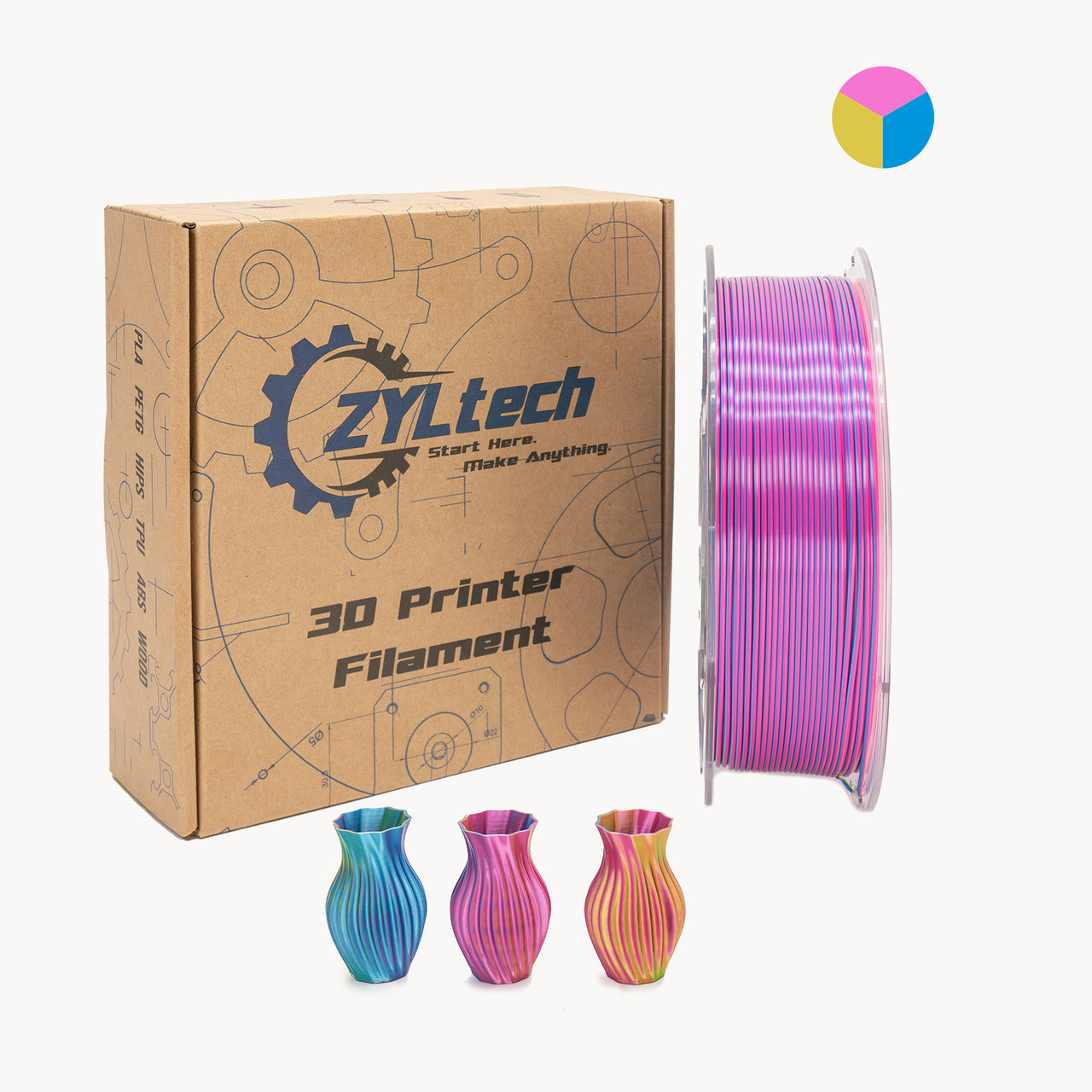 Tri-Color Silk Series 3D Printer Filament 1.75mm 1 kg 2.2 lbs | ZYLtech