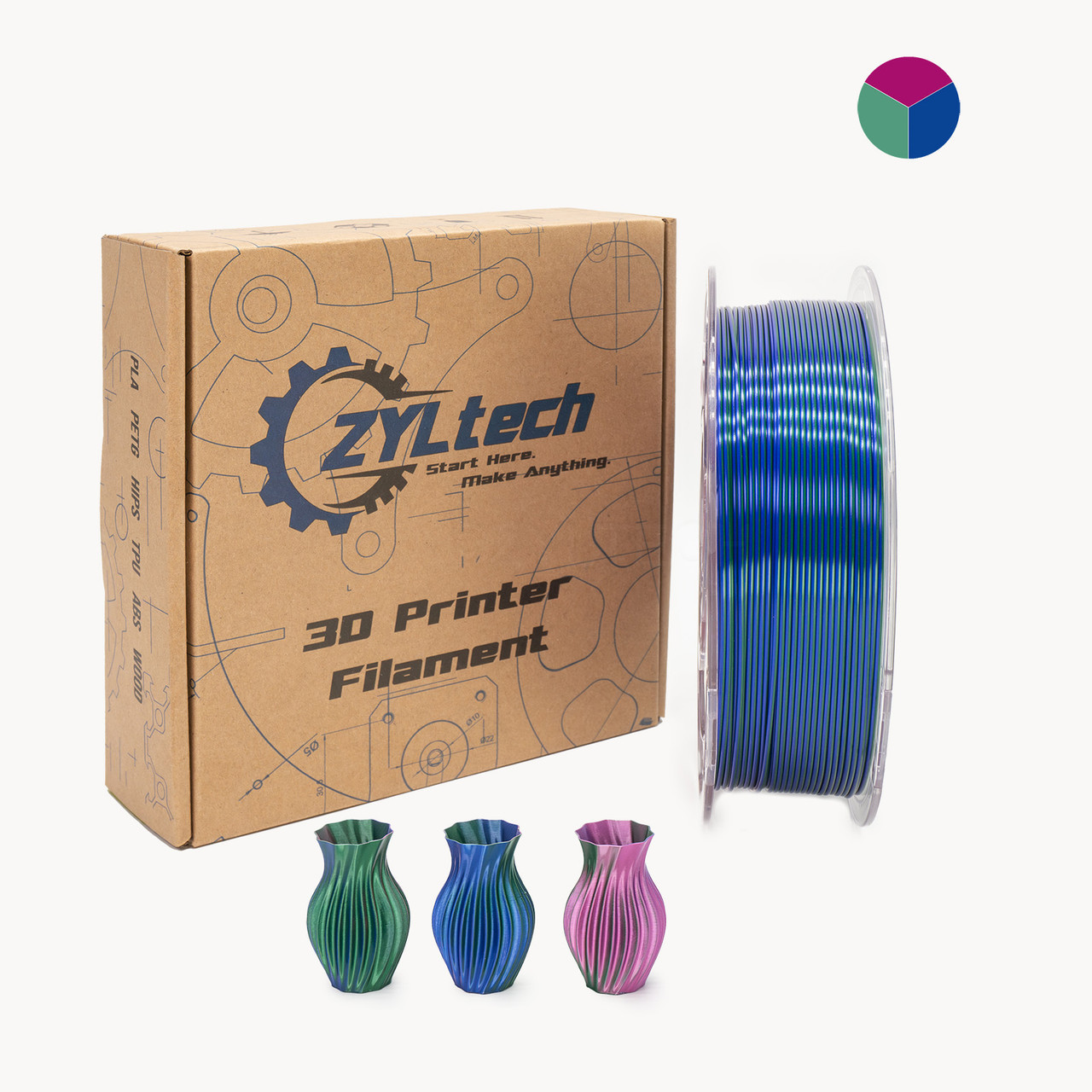 Tri-Color Silk Series 3D Printer Filament 1.75mm 1 kg 2.2 lbs | ZYLtech