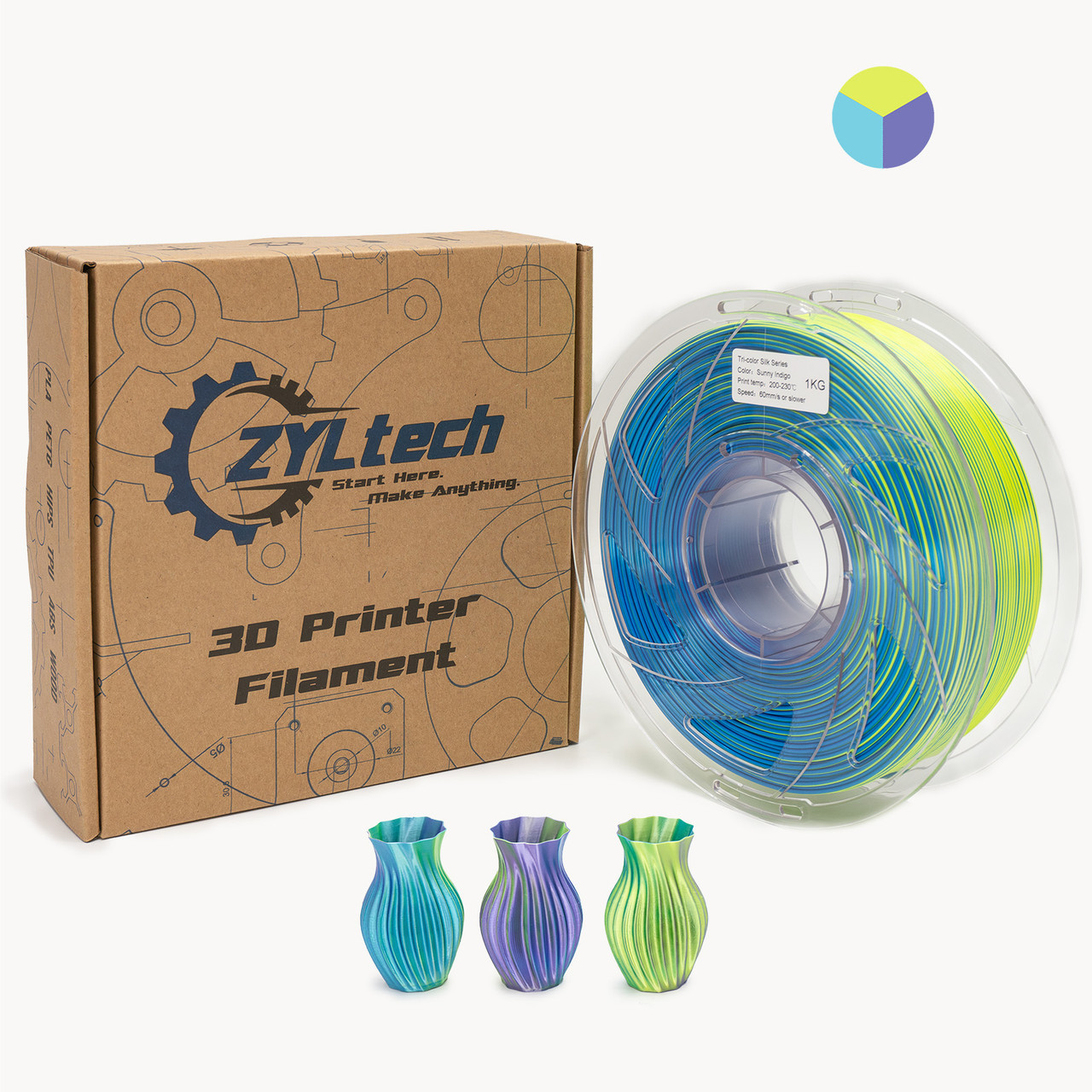 Tri-Color Silk Series 3D Printer Filament 1.75mm 1 kg 2.2 lbs | ZYLtech