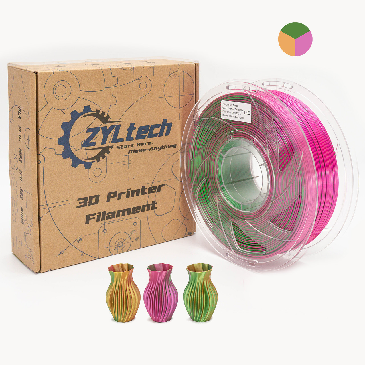 Tri-Color Silk Series 3D Printer Filament 1.75mm 1 kg 2.2 lbs | ZYLtech