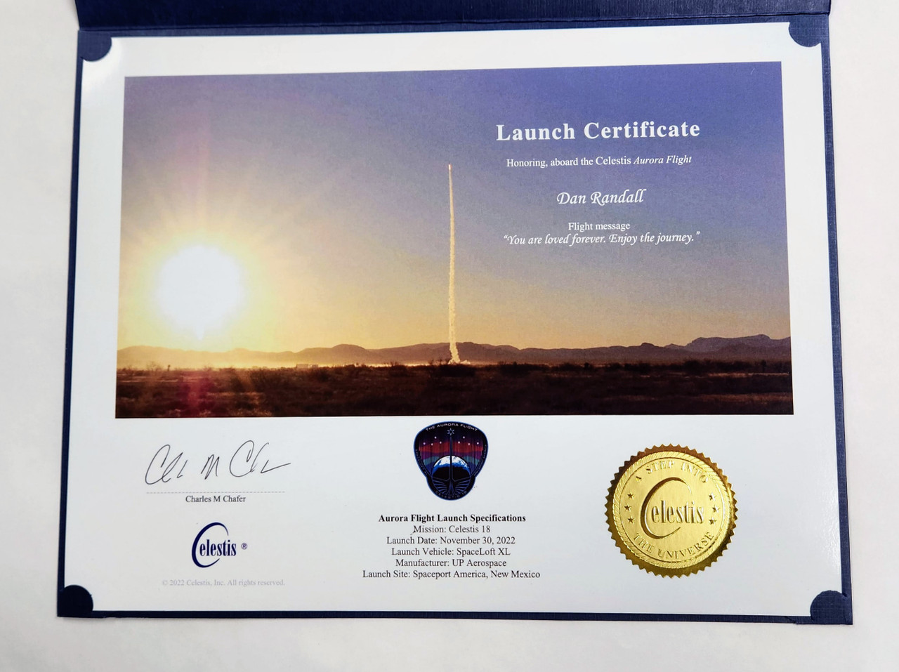 Aurora Flight Launch Certificate Printed