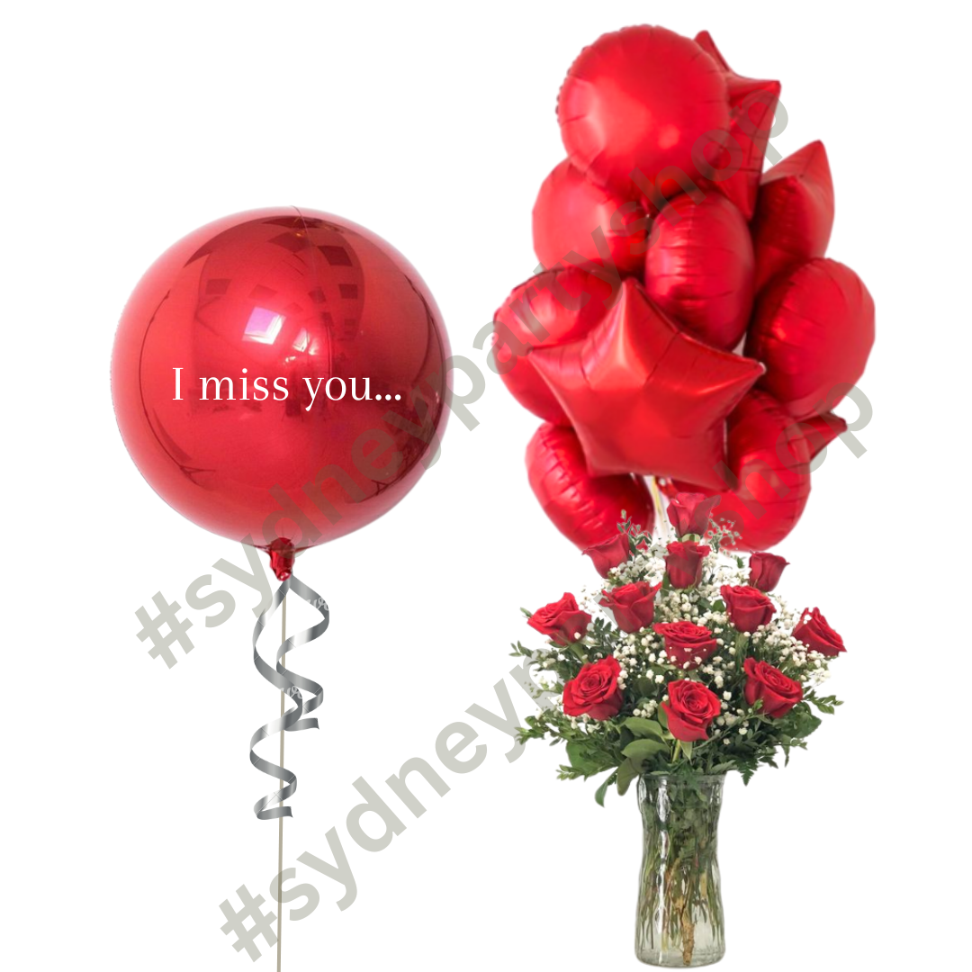 Red Balloon Package with red flowers in vase