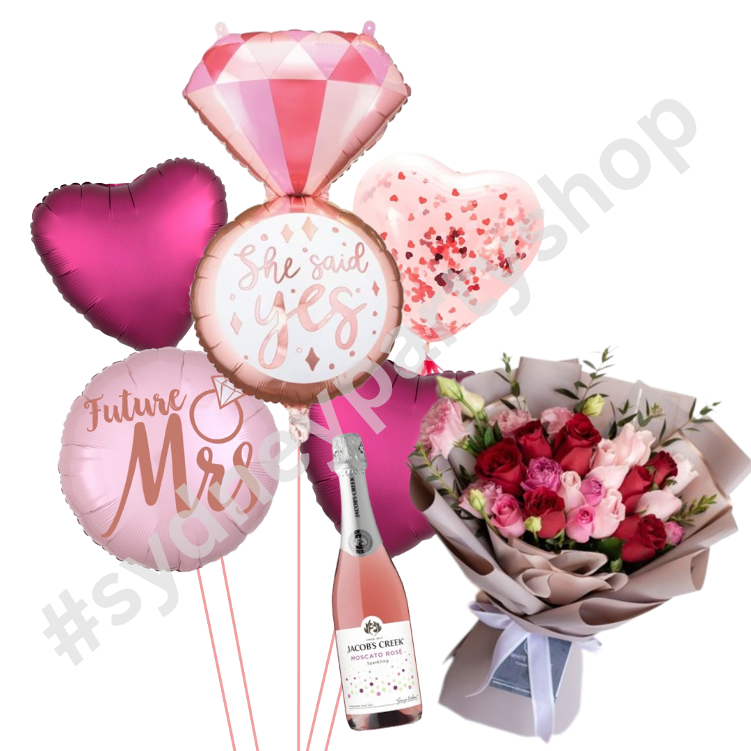 She Said Yes Balloon with Flower Bouquet and Wine