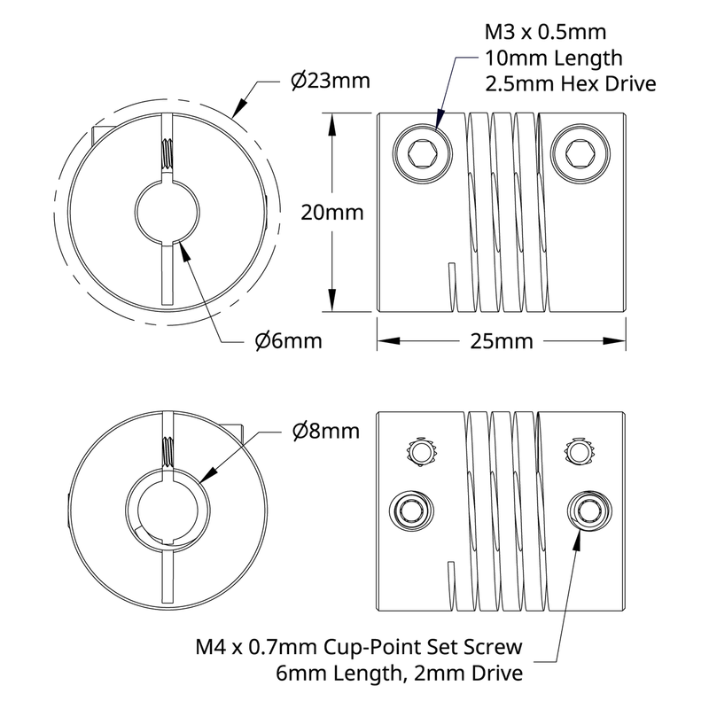 4002 Series Flexible Clamping Shaft Coupler 6mm Round Bore To 8mm