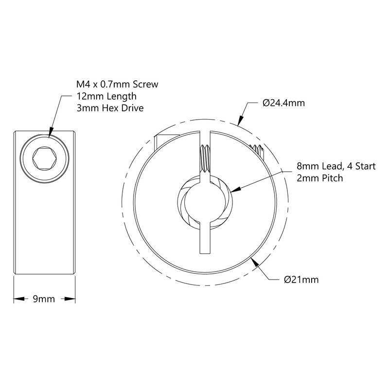 3504 Series Lead Screw Clamping Collar (8mm Lead, 4 Start, 21mm OD, 9mm ...