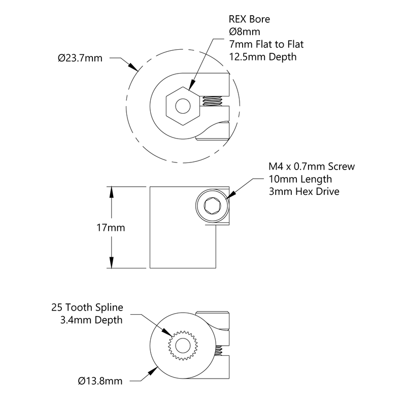 4001 Series Clamping Servo To Shaft Coupler 25 Tooth Spline To 8mm Rex