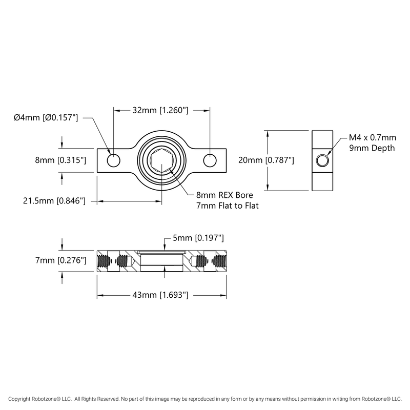 8mm Rex™ Bore 2 Side 1 Post Pillow Block 43mm Width Gobilda
