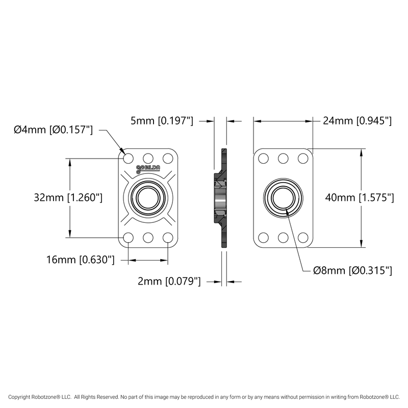 8mm Bore Flat Pillow Block 16mm X 32mm Mounting Pattern 2 Pack