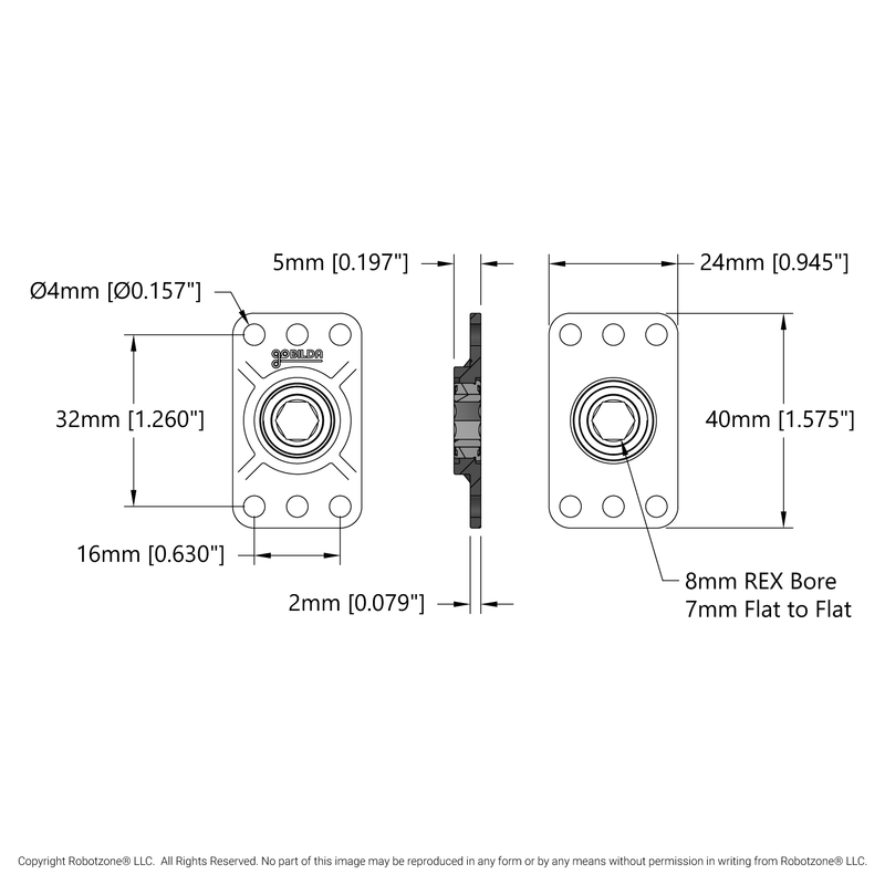 8mm Rex™ Bore Flat Pillow Block 16mm X 32mm Mounting Pattern 2 Pack