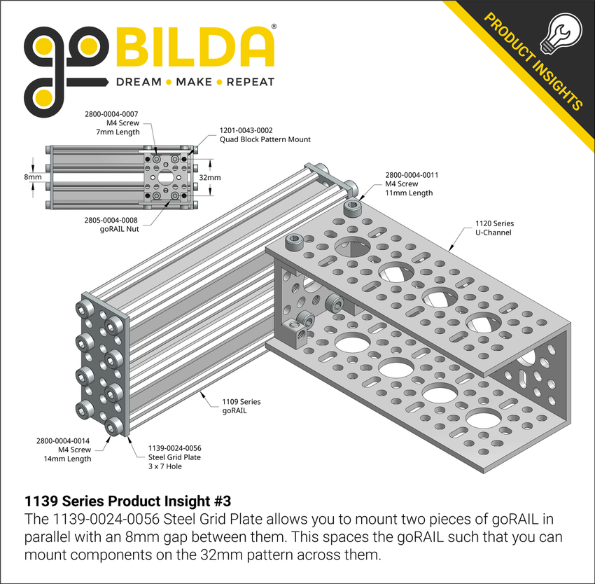1139 Series Steel Grid Plates (3 x 7 Hole, 24 x 56mm) - 2 Pack - goBILDA
