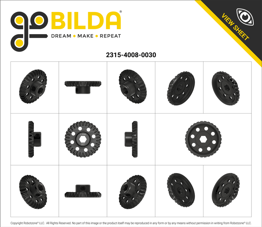 2315 Series, Steel Miter Gear (MOD 1.25, Set-Screw, 8mm REX™ Bore, 30 ...