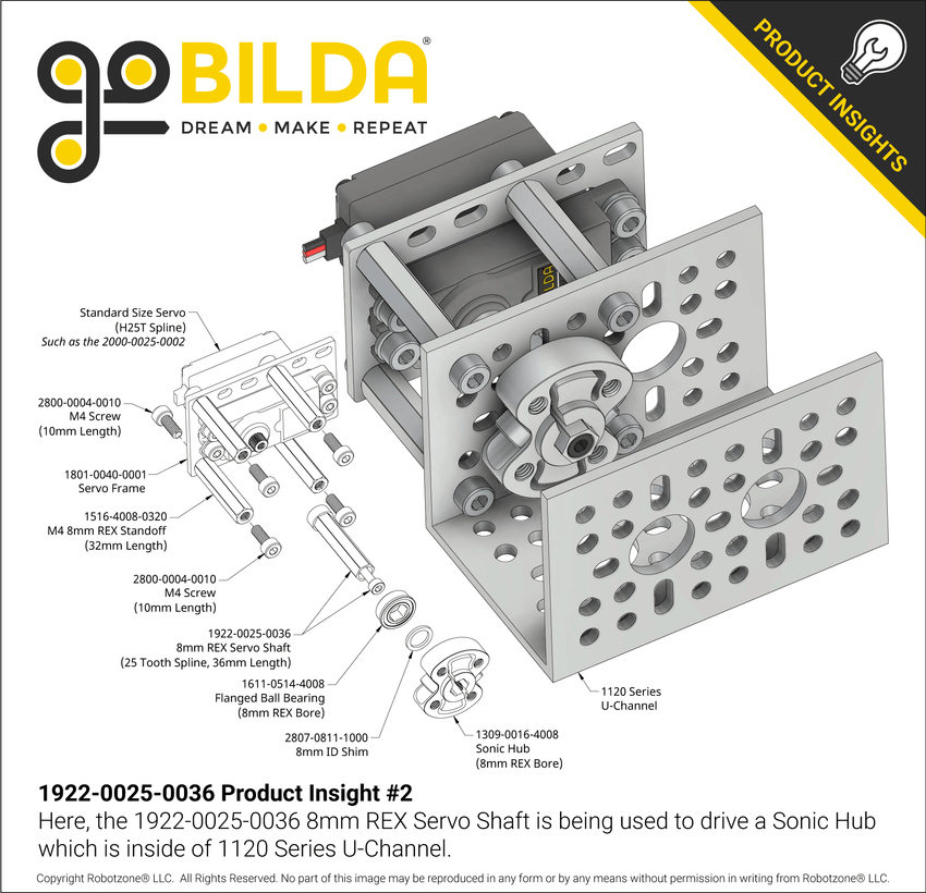 8mm REX™ Servo Shaft (25 Tooth Spline, 36mm Length) - goBILDA