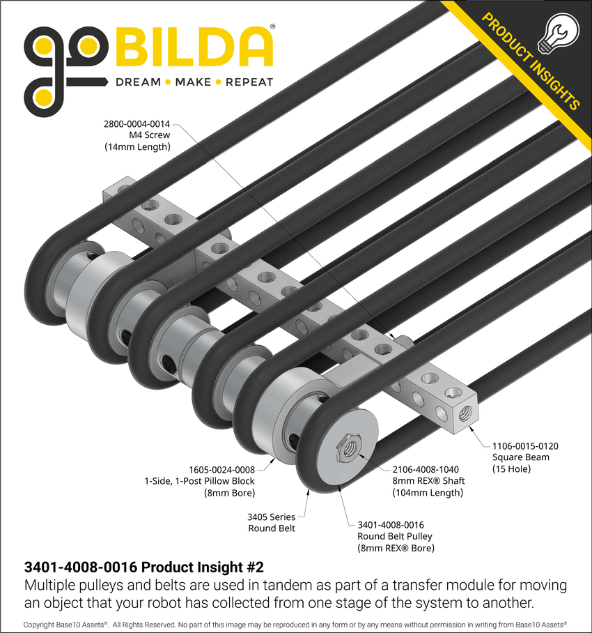 3401 Series Set-Screw Round Belt Pulley (8mm REX™ Bore, 16mm PD) - goBILDA