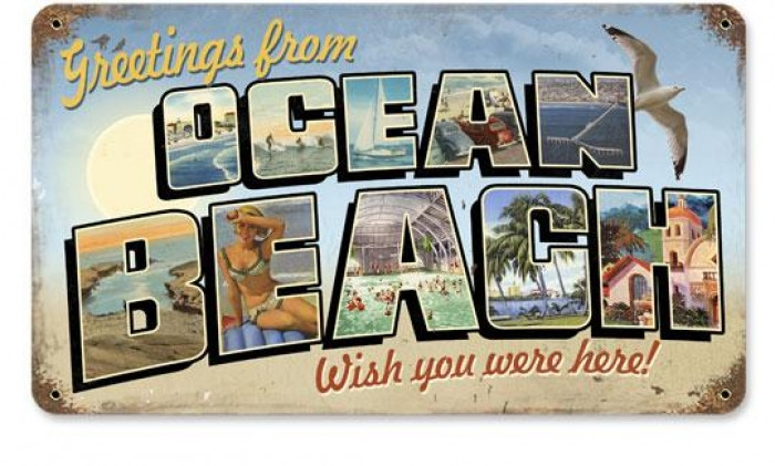 Vintage Ocean Beach Postcard Metal Sign 8 x 14 Inches