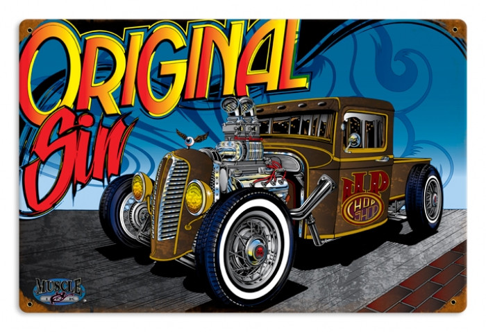 Vintage Rat Rod Original Sin Metal Sign 12 x 18 inches