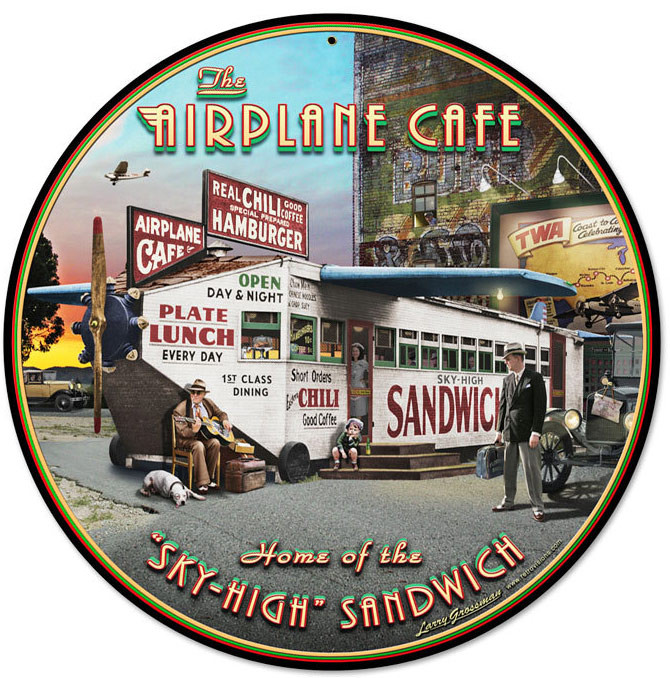 Retro Airplane Cafe Round Metal Sign 14 x 14 Inches