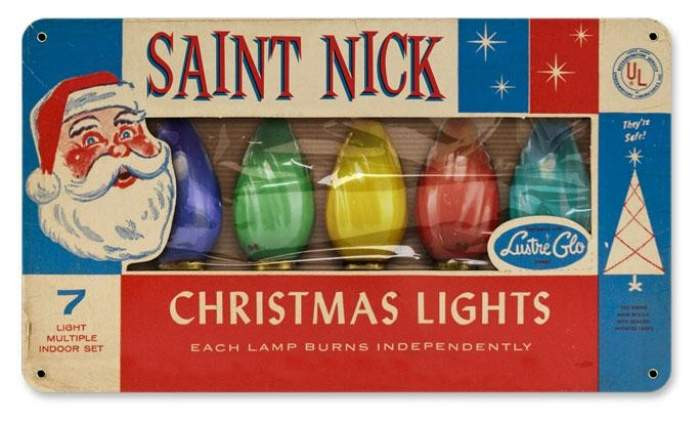 Vintage St Nick Lights Metal Sign 8 x 14 Inches