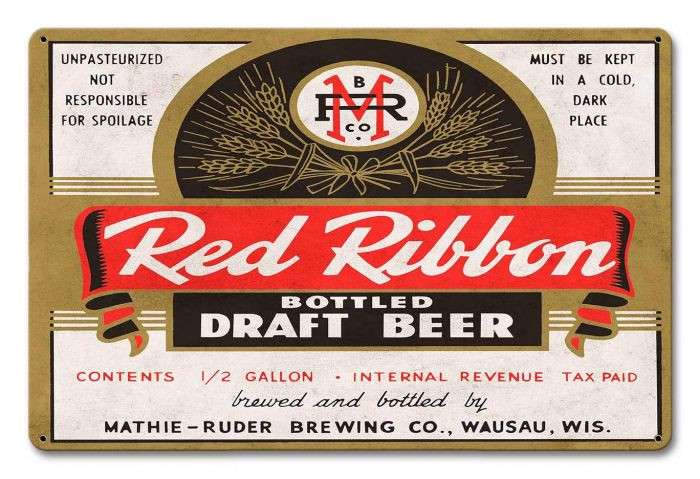 Red Ribbon Beer Metal Sign 18 x 12 Inches