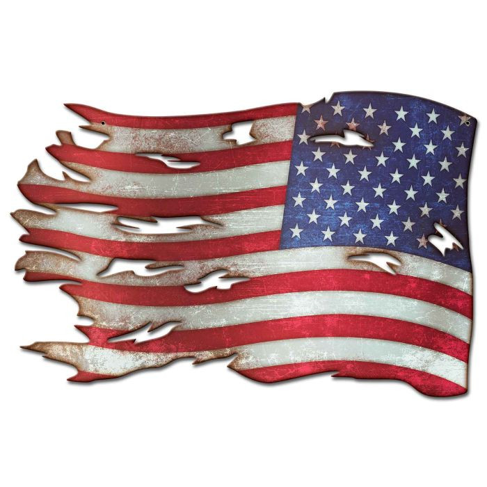 Tattered American Flag REVERSE Metal Sign 24 x 16 Inches