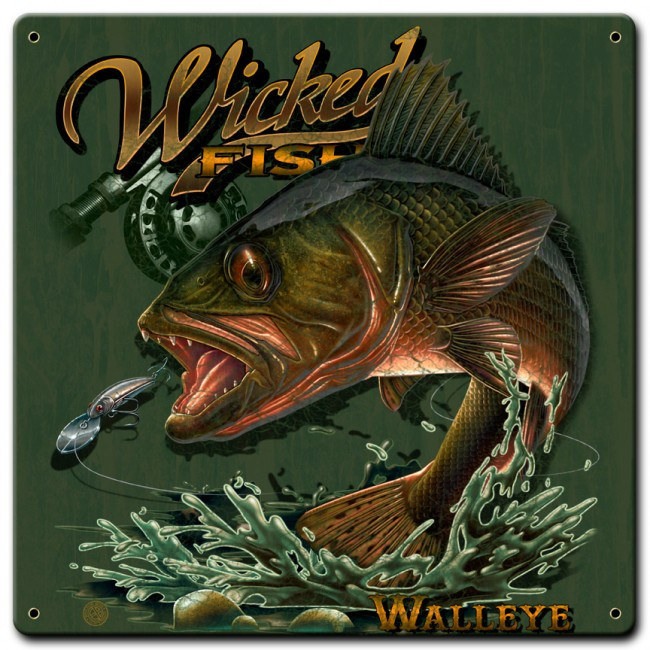 Wicked Fish Walleye Metal Signs 12 x 12 Inches