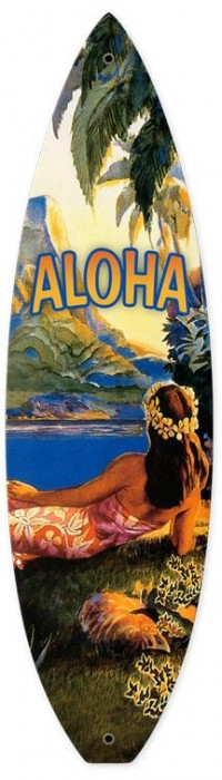 Retro Hawaii Aloha Surfboard Metal Sign 22 x 6 Inches