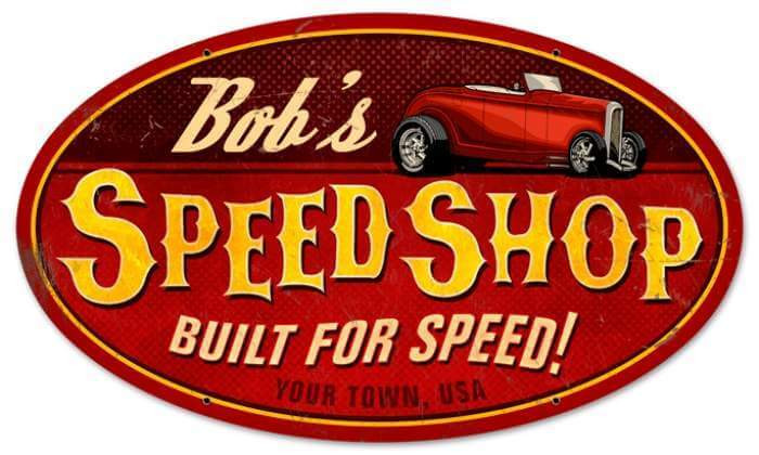 Retro Speed Shop Oval Metal Sign - Personalized 24 x 14 Inches