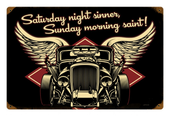 Vintage Saturday Night Sinner Metal Sign 12 x 18 Inches