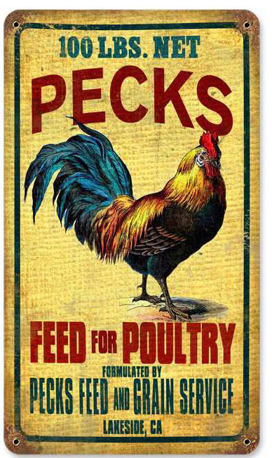 Vintage Rooster Feed Metal Sign 8 x 14 Inches