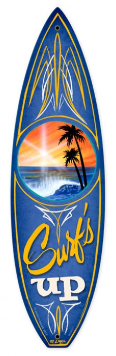 Vintage Surfs Up Surfboard Metal Sign 6 x 22 Inches