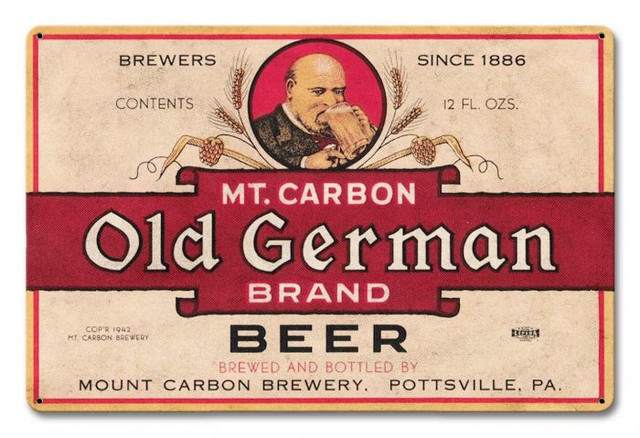 Mt. Carbon Old German Beer Metal Sign 18 x 12 Inches