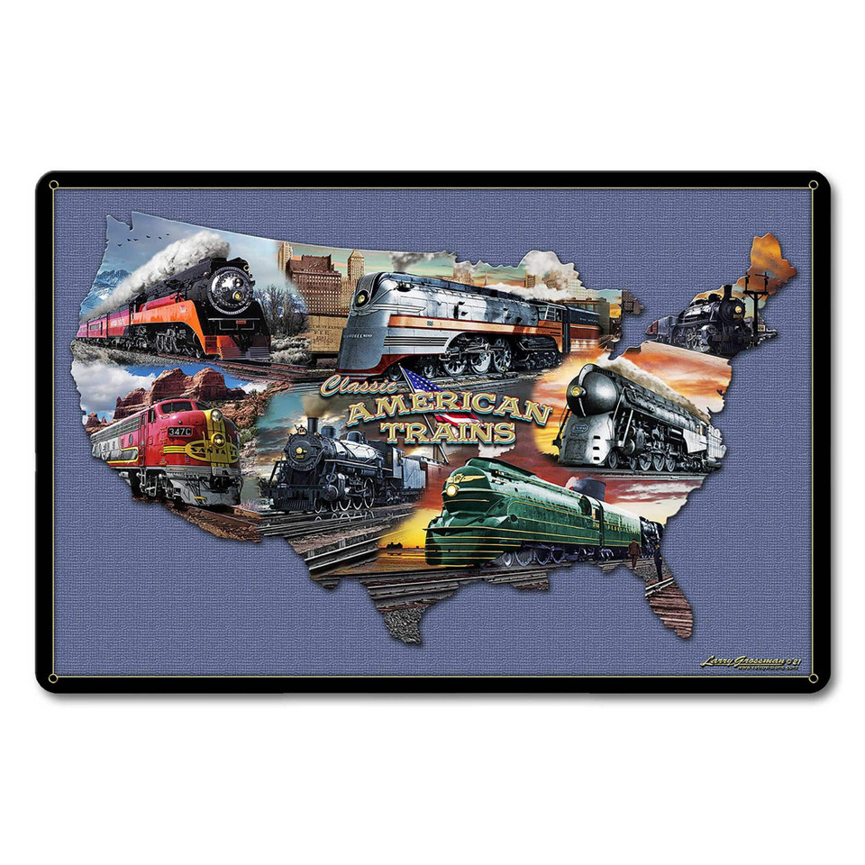 Classic American Trains Collage Map Metal Sign 18 x 12 Inches