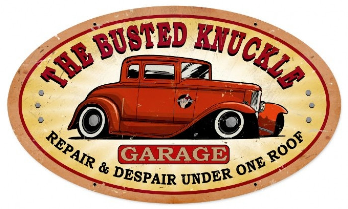 Vintage Busted Knuckle Garage Tin Sign 24 x 14 Inches