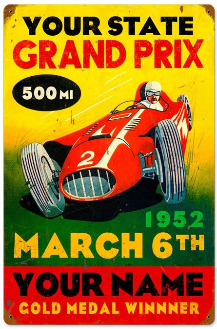 Vintage Grand Prix Metal Sign 16 x 24 Inches - Personalized