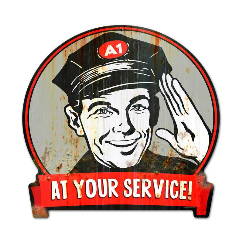 Retro Service Man Round Banner Metal Sign 15 x 16 Inches