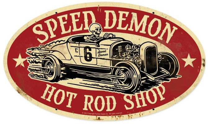 Speed Demon Hot Rod Shop Oval Metal Sign 24 x 14 Inches