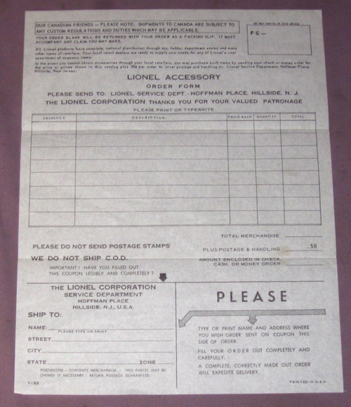 1962 Lionel Accessory Order Form (NOS) - All Aboard Train Shoppe
