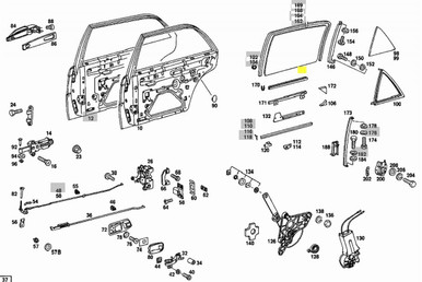 Mercedes Door Window Glass Rear Left W116 SWB US 300SD, 280S, 280SE, 450SE
