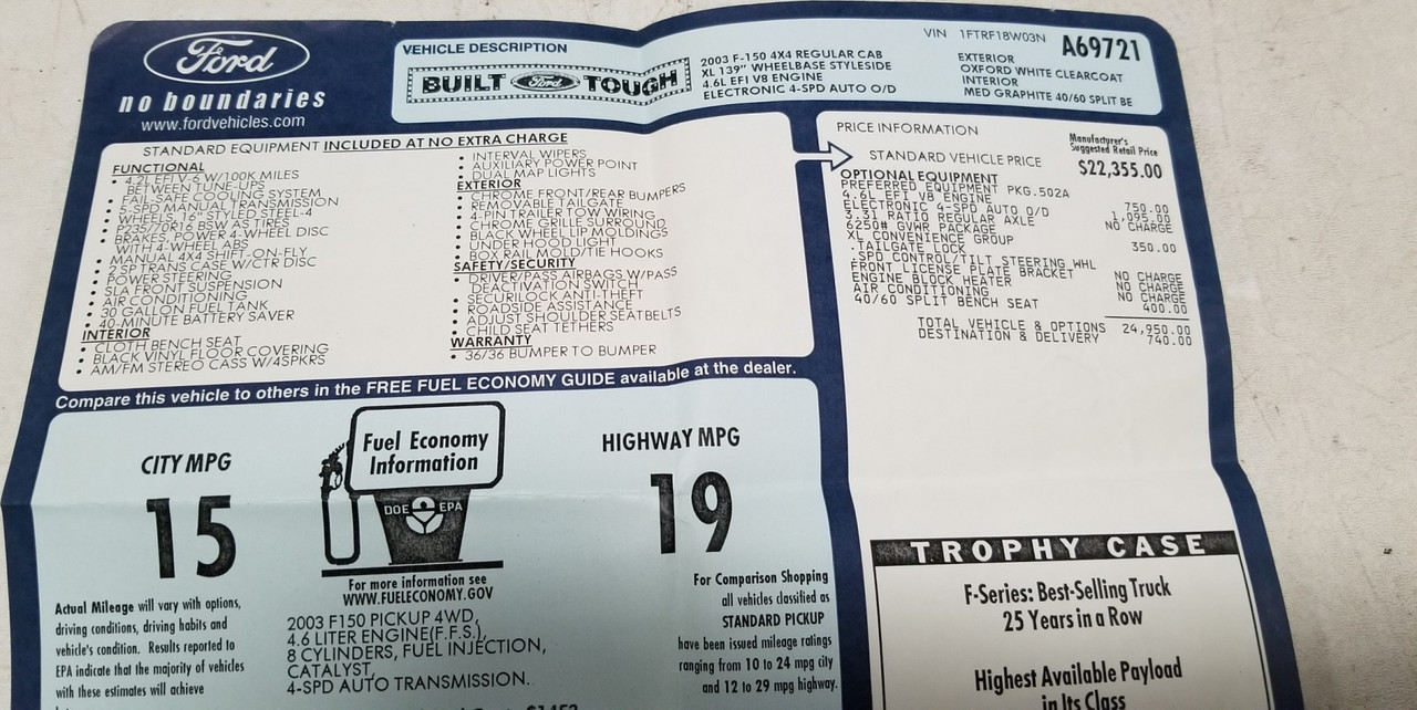 2003 Ford F150 Original Dealer Window Sticker