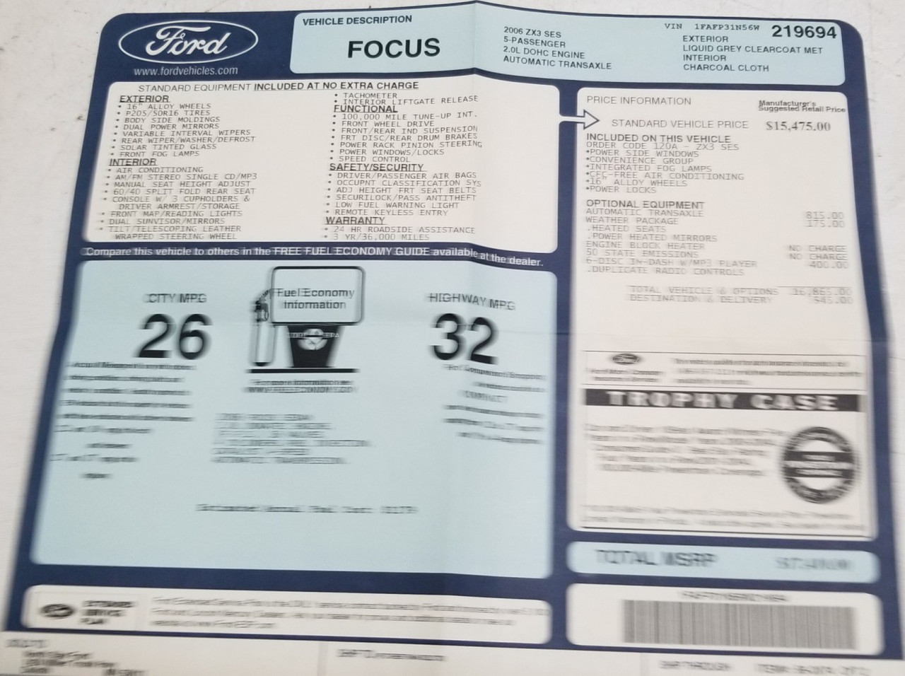 2006 Ford Focus ZX3 Original Dealer Window Sticker