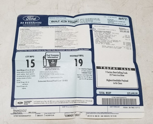 2003 Ford F150 Original Dealer Window Sticker