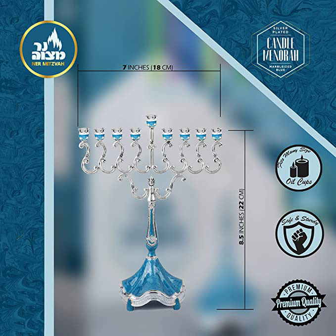 Silver Plated Candle Menorah - Marbleized Blue - YourHolyLandStore
