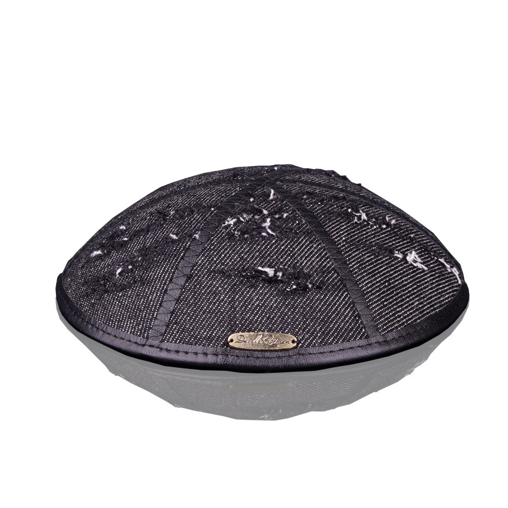 Black Denim and Italian Leather Kippah - Torn Design - YourHolyLandStore