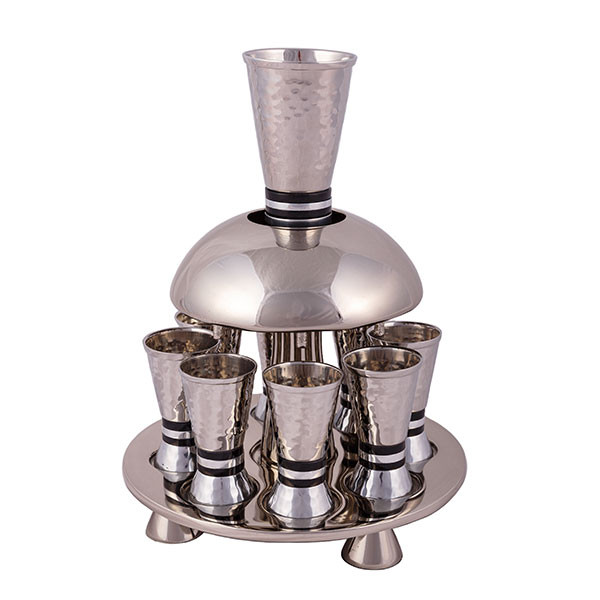 Wine Fountain Kiddush Set - Black & Silver Rings - YourHolyLandStore