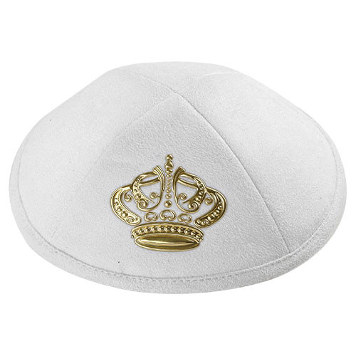 White Ultra Suede Kippah with Gold Torah Crown - YourHolyLandStore
