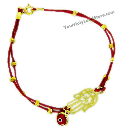 Gold Red String Kabbalah Bracelet with Protection Hand