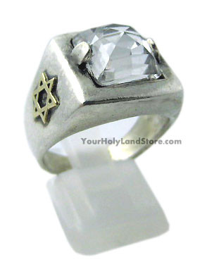 Silver and Zircon Hebrew Blessing Ring with Golden Star of David