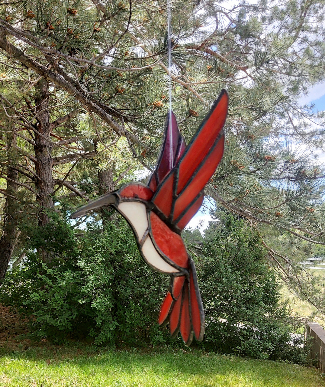 Pretty 3D Red n White Stained Glass Hummingbird Suncatcher - Swanky Glass